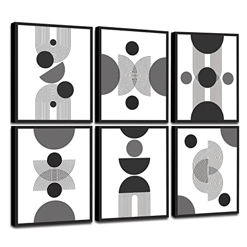 FRAMED Abstract Wall Art, Modern Boho Black and White and Gray Canvas Wall art, Neutral Abstract Geometric Wall Decor for Living Room Bedroom Bathroom Office, Ready to Hang (Set of 6, 8x10 Inch, Framed)