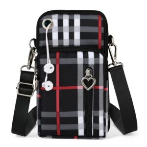 small crossbody wallet phone bag, nylon cell phone purse, travel crossbody bag cell phone shoulder bag arm bag mini wallet purse, with headphone port (black plaid)