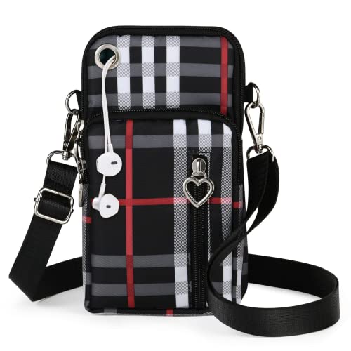 Small Crossbody Wallet Phone Bag, Nylon Cell Phone Purse, Travel Crossbody Bag Cell Phone Shoulder Bag Arm Bag Mini Wallet Purse, with Headphone Port (Black Plaid)