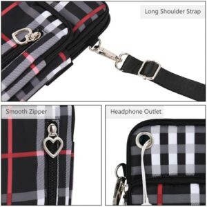 Small Crossbody Wallet Phone Bag, Nylon Cell Phone Purse, Travel Crossbody Bag Cell Phone Shoulder Bag Arm Bag Mini Wallet Purse, with Headphone Port (Black Plaid)