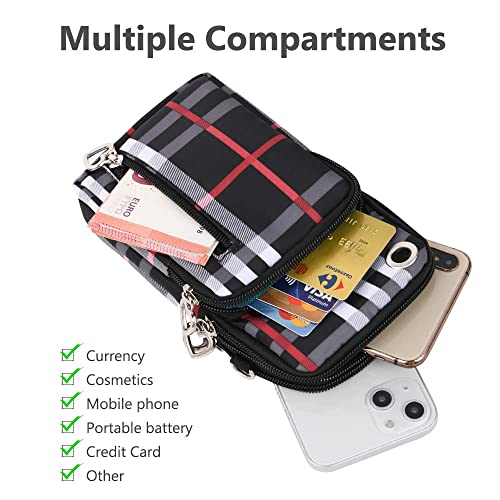 Small Crossbody Wallet Phone Bag, Nylon Cell Phone Purse, Travel Crossbody Bag Cell Phone Shoulder Bag Arm Bag Mini Wallet Purse, with Headphone Port (Black Plaid)