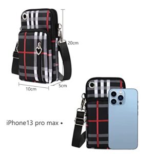 Small Crossbody Wallet Phone Bag, Nylon Cell Phone Purse, Travel Crossbody Bag Cell Phone Shoulder Bag Arm Bag Mini Wallet Purse, with Headphone Port (Black Plaid)