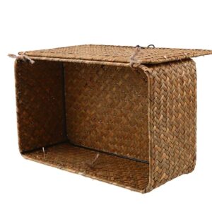 Natural Straw Rattan Multipurpose Container Rectangular Storage Baskets With Lid Hand Woven Storage Box with Button for Desktop Home Decoration (12 Inch)