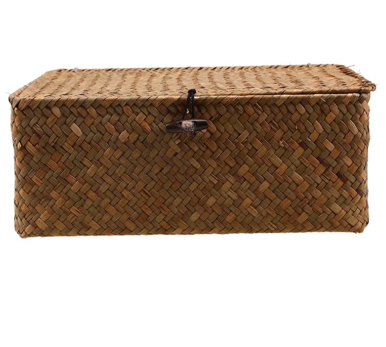 Natural Straw Rattan Multipurpose Container Rectangular Storage Baskets With Lid Hand Woven Storage Box with Button for Desktop Home Decoration (12 Inch)