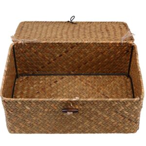 Natural Straw Rattan Multipurpose Container Rectangular Storage Baskets With Lid Hand Woven Storage Box with Button for Desktop Home Decoration (12 Inch)