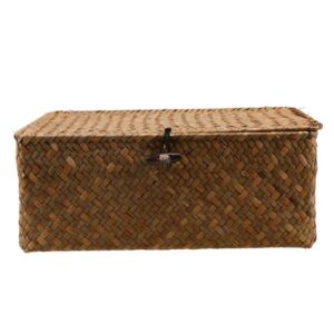 Natural Straw Rattan Multipurpose Container Rectangular Storage Baskets With Lid Hand Woven Storage Box with Button for Desktop Home Decoration (12 Inch)