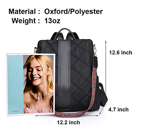 jasboo Women Anti-theft Hidden Zipper Backpack Purse, Fashion Waterproof Quilt Rucksack, Travel Covertible Shoulder Bag (Black)