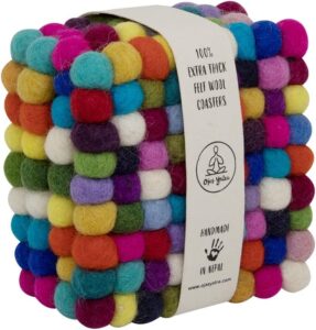 colorful felt coasters square – premium felted ball wool coasters set of 4 – with lokta gift box – handmade large absorbent coasters for drinks – naturally dense, heat resistant, thick & durable