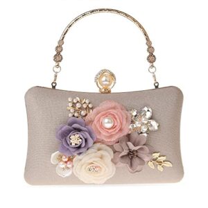 rkrouco women’s flower evening clutch bag – multicolor flower handbag with satin-champagne.