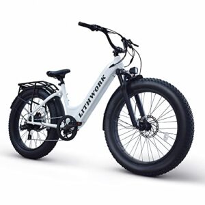 fat tire electric bike 750w 48v 15ah bafang hub motor lg cell removable downtube integrated battery 26”×4″ high rise handlebar mud guard rear rack 28mph road city shimano 7 speed ul ebike for women