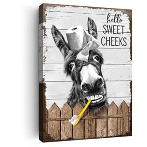 farmhouse bathroom decor wall art funny donkey bathroom wall art donkey bite toothbrush pictures for wall rustic animal canvas print framed artwork for washroom bathroom wall decor 12×16 inch