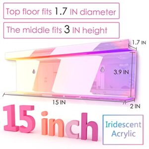 RORKIM 2 Layers Iridescent Acrylic Shelves for Wall Storage,15" Acrylic Floating Wall Mounted Shelf, Kids Bookshelf, Display Ledge Wall Shelves for Kitchen, Bedroom, Living Room, Bathroom, Set of 2