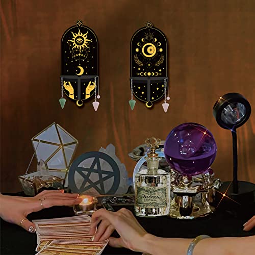 CREATCABIN 2Pcs Small Crystal Shelf Display Sun Moon Star Wooden Crystal Holder Stand with 6Pcs C1 Gemst1 Pendulum Chains Magical Witch Altar for Hanging Crystals St1 Wall Decor 3.03 x 7.01inch