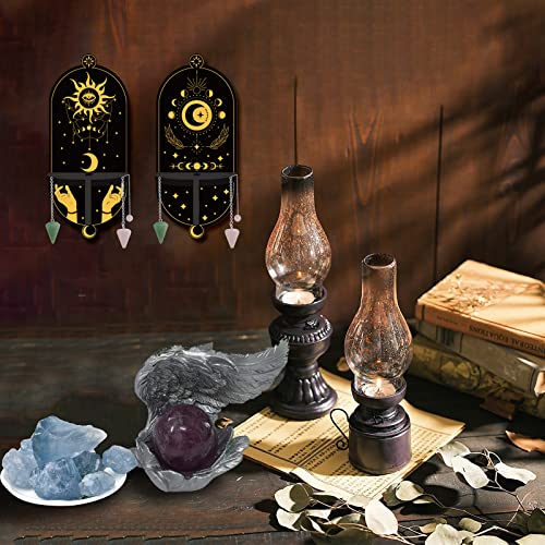 CREATCABIN 2Pcs Small Crystal Shelf Display Sun Moon Star Wooden Crystal Holder Stand with 6Pcs C1 Gemst1 Pendulum Chains Magical Witch Altar for Hanging Crystals St1 Wall Decor 3.03 x 7.01inch