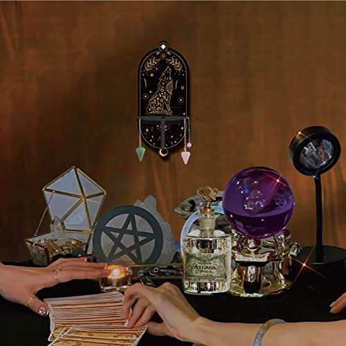 CREATCABIN 2Pcs Small Crystal Shelf Display Wolf Moon Star Wooden Crystal Holder Stand with 6Pcs C1 Gemst1 Pendulum Chains Magical Witch for Hanging Crystals St1 Wall Decor 3.03 x 7.01inch