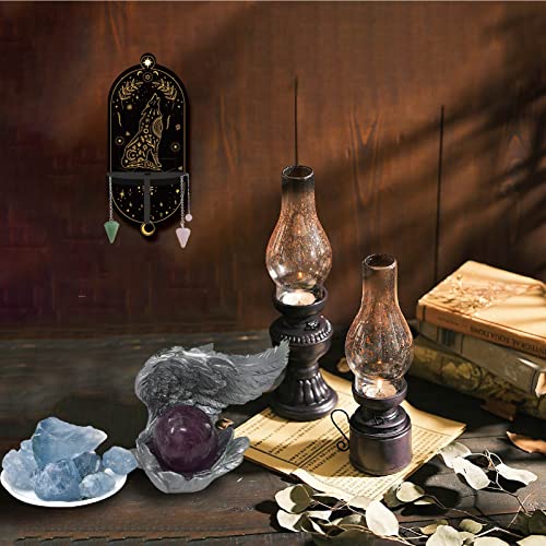 CREATCABIN 2Pcs Small Crystal Shelf Display Wolf Moon Star Wooden Crystal Holder Stand with 6Pcs C1 Gemst1 Pendulum Chains Magical Witch for Hanging Crystals St1 Wall Decor 3.03 x 7.01inch