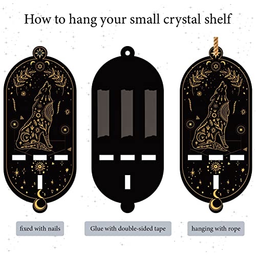 CREATCABIN 2Pcs Small Crystal Shelf Display Wolf Moon Star Wooden Crystal Holder Stand with 6Pcs C1 Gemst1 Pendulum Chains Magical Witch for Hanging Crystals St1 Wall Decor 3.03 x 7.01inch