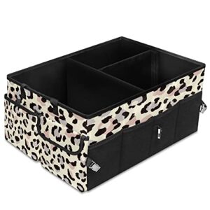 BOLIMAO Car Trunk Organizer Animal Fur Leopard Print Back Seat Large Storage Bag with Detachable Dividers Collapsible Trunk Cargo Organizer Tote Bag for Groceries SUV Camper Camping Picnic