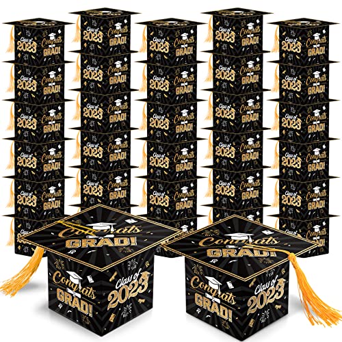 Graduation Party Favor 36 PCS Graduation Candy Boxes Black Gold Class of 2023 Congrats Grad Cap Shaped Favor Boxes Sweet Chocolate Gift Box with Tassels for 2023 Graduation Gifts Ceremony Party Decoration