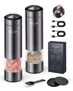 sangcon electric salt and pepper grinder set – usb rechargeable – automatic black pepper & sea salt spice mill – adjustable coarseness – one hand operation – led light refillable – metallic gunmetal