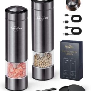 Sangcon Electric Salt and Pepper Grinder Set - USB Rechargeable - Automatic Black Pepper & Sea Salt Spice Mill - Adjustable Coarseness - One Hand Operation - LED Light Refillable - Metallic Gunmetal