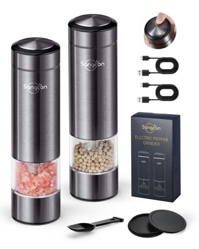 Sangcon Electric Salt and Pepper Grinder Set - USB Rechargeable - Automatic Black Pepper & Sea Salt Spice Mill - Adjustable Coarseness - One Hand Operation - LED Light Refillable - Metallic Gunmetal