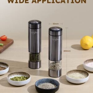 Sangcon Electric Salt and Pepper Grinder Set - USB Rechargeable - Automatic Black Pepper & Sea Salt Spice Mill - Adjustable Coarseness - One Hand Operation - LED Light Refillable - Metallic Gunmetal