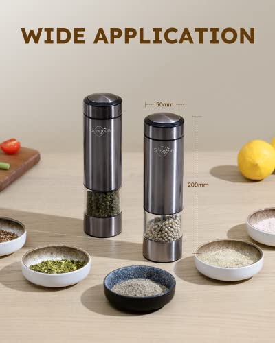 Sangcon Electric Salt and Pepper Grinder Set - USB Rechargeable - Automatic Black Pepper & Sea Salt Spice Mill - Adjustable Coarseness - One Hand Operation - LED Light Refillable - Metallic Gunmetal