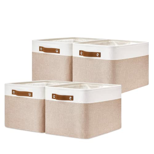 AMerryApple - Storage Basket | Collapsible Storage Bins | Sturdy Bins for Organizing | Fabric Storage box for Towels Toys, Clothes, Closet, and Shelves | Pack of 4 | Beige and White | 15" x 10" x 9.5"