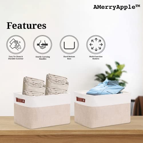 AMerryApple - Storage Basket | Collapsible Storage Bins | Sturdy Bins for Organizing | Fabric Storage box for Towels Toys, Clothes, Closet, and Shelves | Pack of 4 | Beige and White | 15" x 10" x 9.5"