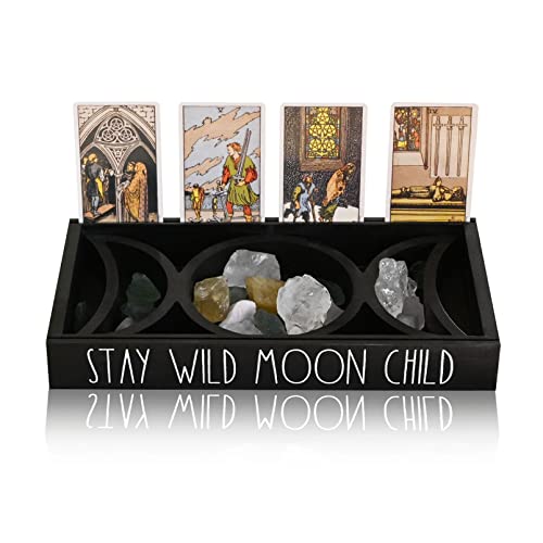 Crystal Holder for Stones Display, Tarot Card Holder Stand, Crystal Storage Organizer, Moon Tray, Altar Supplies Case, Tarot Decor, Zen Decor, Tarot Card Accessories Gifts (Black)