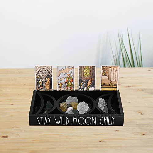 Crystal Holder for Stones Display, Tarot Card Holder Stand, Crystal Storage Organizer, Moon Tray, Altar Supplies Case, Tarot Decor, Zen Decor, Tarot Card Accessories Gifts (Black)