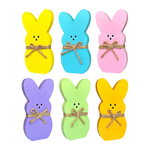 Easter Wooden Bunny Easter Decorations - Easter Wooden Table Centerpieces with Hemp Rope - 6PCS Easter Spring Peeps Tiered Tray Decor Rabbit Shape Tabletop Decoration for The Home Office Tables