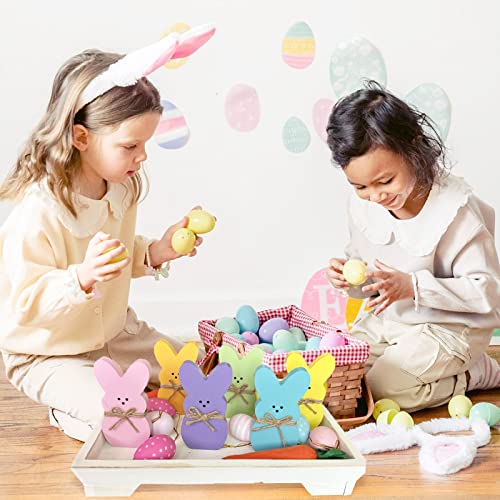 Easter Wooden Bunny Easter Decorations - Easter Wooden Table Centerpieces with Hemp Rope - 6PCS Easter Spring Peeps Tiered Tray Decor Rabbit Shape Tabletop Decoration for The Home Office Tables