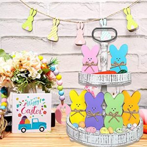 Easter Wooden Bunny Easter Decorations - Easter Wooden Table Centerpieces with Hemp Rope - 6PCS Easter Spring Peeps Tiered Tray Decor Rabbit Shape Tabletop Decoration for The Home Office Tables