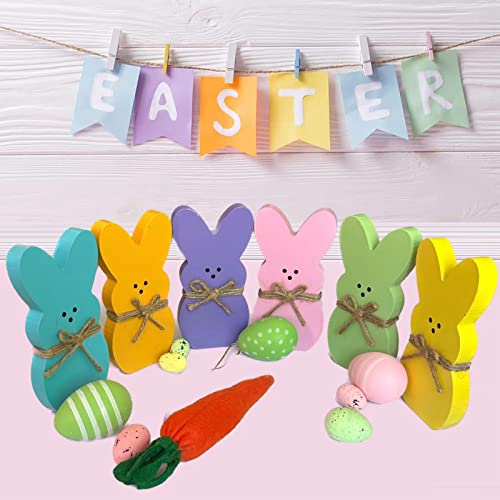 Easter Wooden Bunny Easter Decorations - Easter Wooden Table Centerpieces with Hemp Rope - 6PCS Easter Spring Peeps Tiered Tray Decor Rabbit Shape Tabletop Decoration for The Home Office Tables