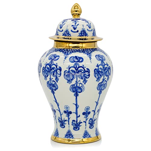 BALIOS Decor Handmade Gold Trim Blue and White Porcelain Fuchsia Flowers Ginger Jar with Lid, 9.1”H x 4.9”W, Decorative Ceramic Bud Vase for Home Décor