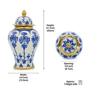 BALIOS Decor Handmade Gold Trim Blue and White Porcelain Fuchsia Flowers Ginger Jar with Lid, 9.1”H x 4.9”W, Decorative Ceramic Bud Vase for Home Décor