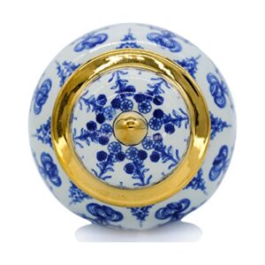 BALIOS Decor Handmade Gold Trim Blue and White Porcelain Fuchsia Flowers Ginger Jar with Lid, 9.1”H x 4.9”W, Decorative Ceramic Bud Vase for Home Décor