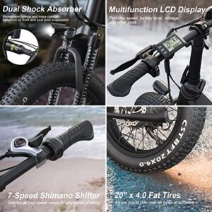 Electric Bike,20"x4" Electric Bike for Adults Fat Tire 500W 20MPH Ebike Foldable Adult Electric Bicycles Electric Mountain Bike with 48V 10Ah Removable Battery, Dual Shock Absorber, Shimano 7-Speed