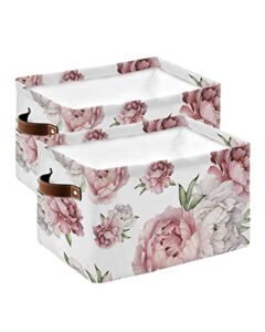 spring floral storage bins 2 pack, large waterproof storage baskets for shelves closet, farmhouse pink summer flowers white storage basket foldable storage box cube storage organizer with handles