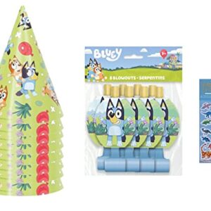 Unique Bluey Birthday Party Supplies Bundle includes 8 Party Hats and 8 Party Blowouts