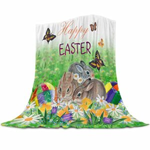 happy easter blanket easter rabbit bunny eggs spring easter throw blanket soft lightweight durable flannel blanket for bed sofa couch camping travel 40″x50″