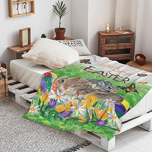 Happy Easter Blanket Easter Rabbit Bunny Eggs Spring Easter Throw Blanket Soft Lightweight Durable Flannel Blanket for Bed Sofa Couch Camping Travel 40"x50"