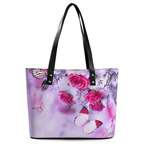 Womens Handbag Roses And Butterfly Leather Tote Bag Top Handle Satchel Bags For Lady