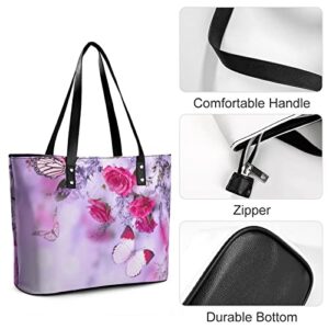 Womens Handbag Roses And Butterfly Leather Tote Bag Top Handle Satchel Bags For Lady