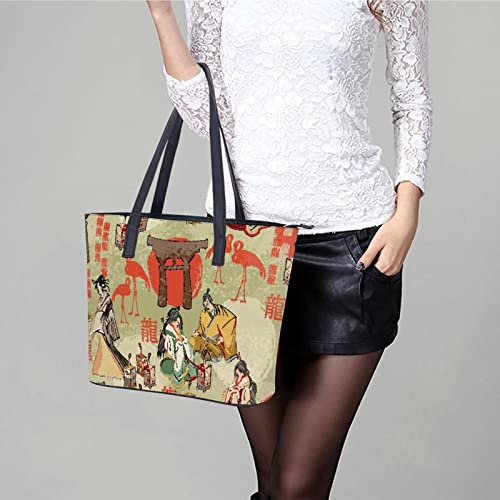 Womens Handbag Japanese Girl And Flamingo Leather Tote Bag Top Handle Satchel Bags For Lady