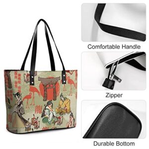 Womens Handbag Japanese Girl And Flamingo Leather Tote Bag Top Handle Satchel Bags For Lady