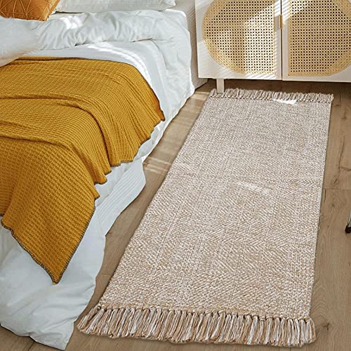 Boho Kitchen Runner Rug 2x4.3, 100% Cotton Hand-Woven Washable Rug with Tassels Modern Farmhouse Bathroom Rug for Bedroom Laundry Kitchen Hallway Entryway, Tan