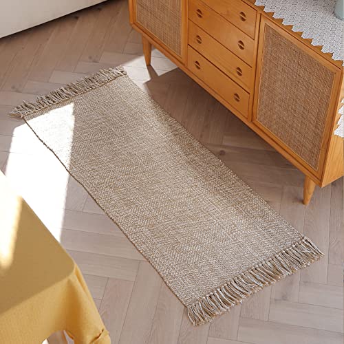 Boho Kitchen Runner Rug 2x4.3, 100% Cotton Hand-Woven Washable Rug with Tassels Modern Farmhouse Bathroom Rug for Bedroom Laundry Kitchen Hallway Entryway, Tan